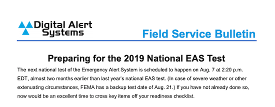 Digital Alert Systems Issues Guidance for Aug. 7 Mandatory National EAS ...